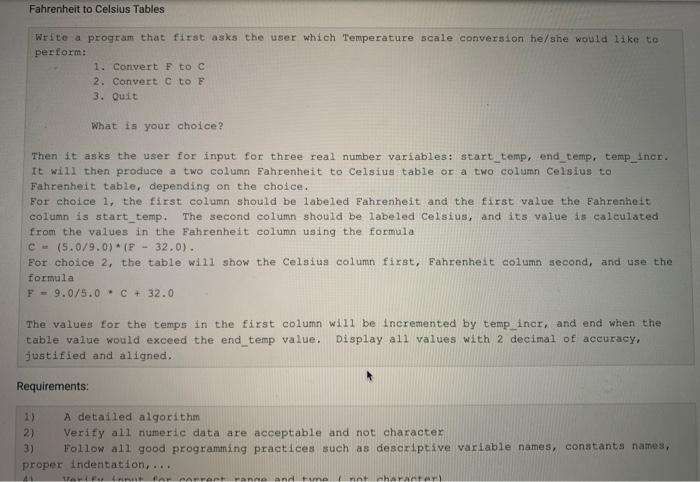 Solved Fahrenheit to Celsius Tables Write a program that | Chegg.com