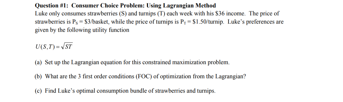 Solved Question #1: Consumer Choice Problem: Using | Chegg.com