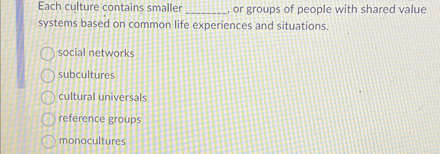 Solved Each culture contains smaller , ﻿or groups of people | Chegg.com