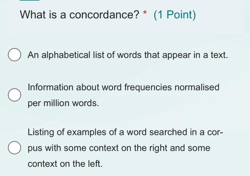 What is a concordance? * (1 Point) An alphabetical | Chegg.com