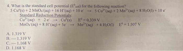 Solved 4. What is the standard cell potential (Ecell 0) for | Chegg.com