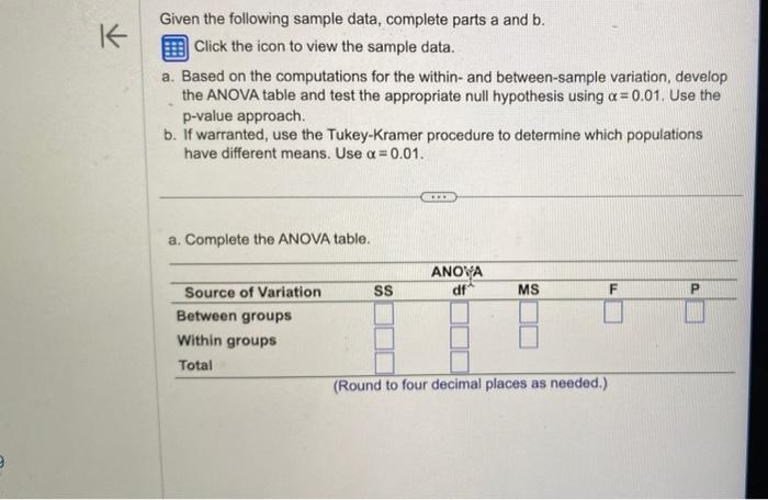 Solved Sample DataGiven the following sample data, complete | Chegg.com
