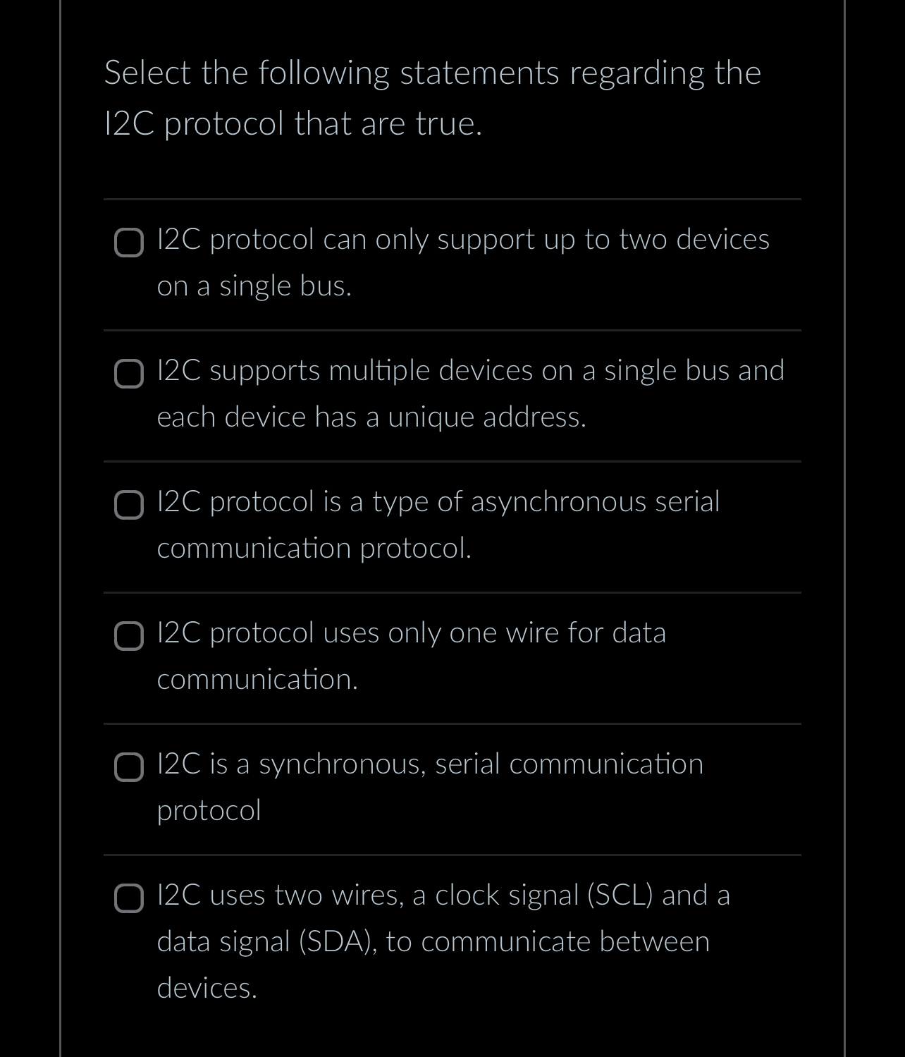 Solved Select the following statements regarding the I2C | Chegg.com