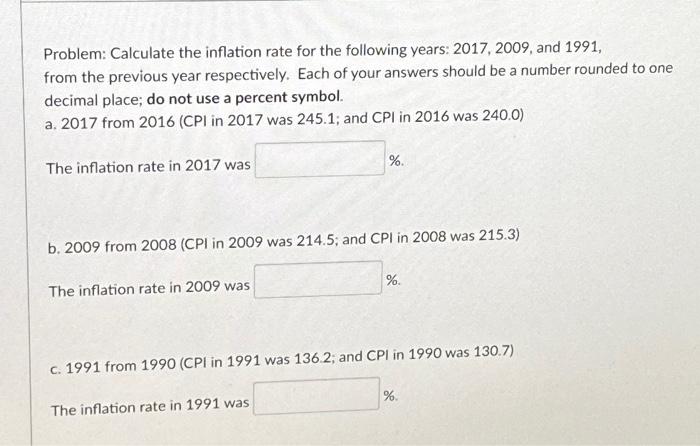 Solved Problem: Calculate the inflation rate for the | Chegg.com