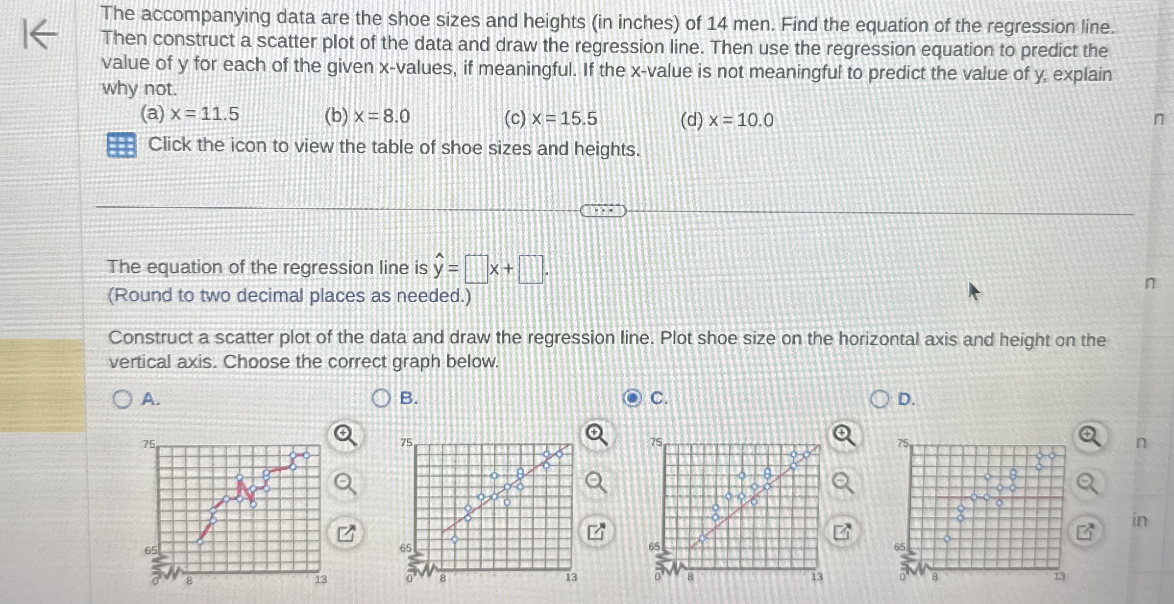 Solved The accompanying data are the shoe sizes and heights | Chegg.com