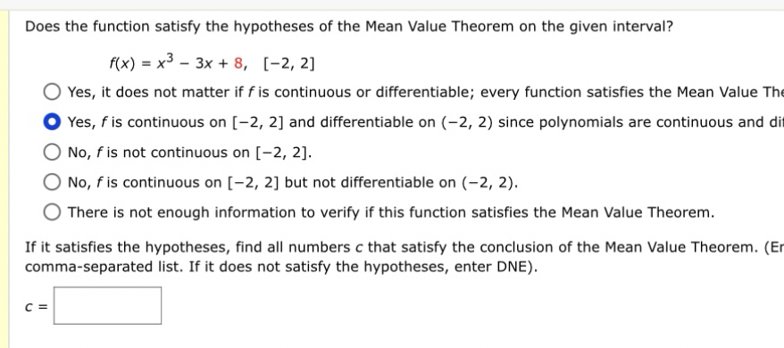 Solved Does the function satisfy the hypotheses of the Mean | Chegg.com