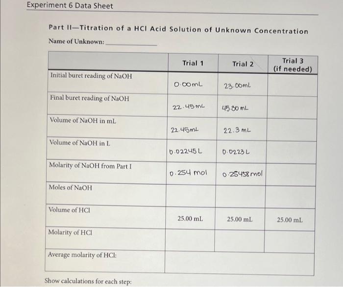 Solved Part II-Titration of a HCl Acid Solution of Unknown | Chegg.com