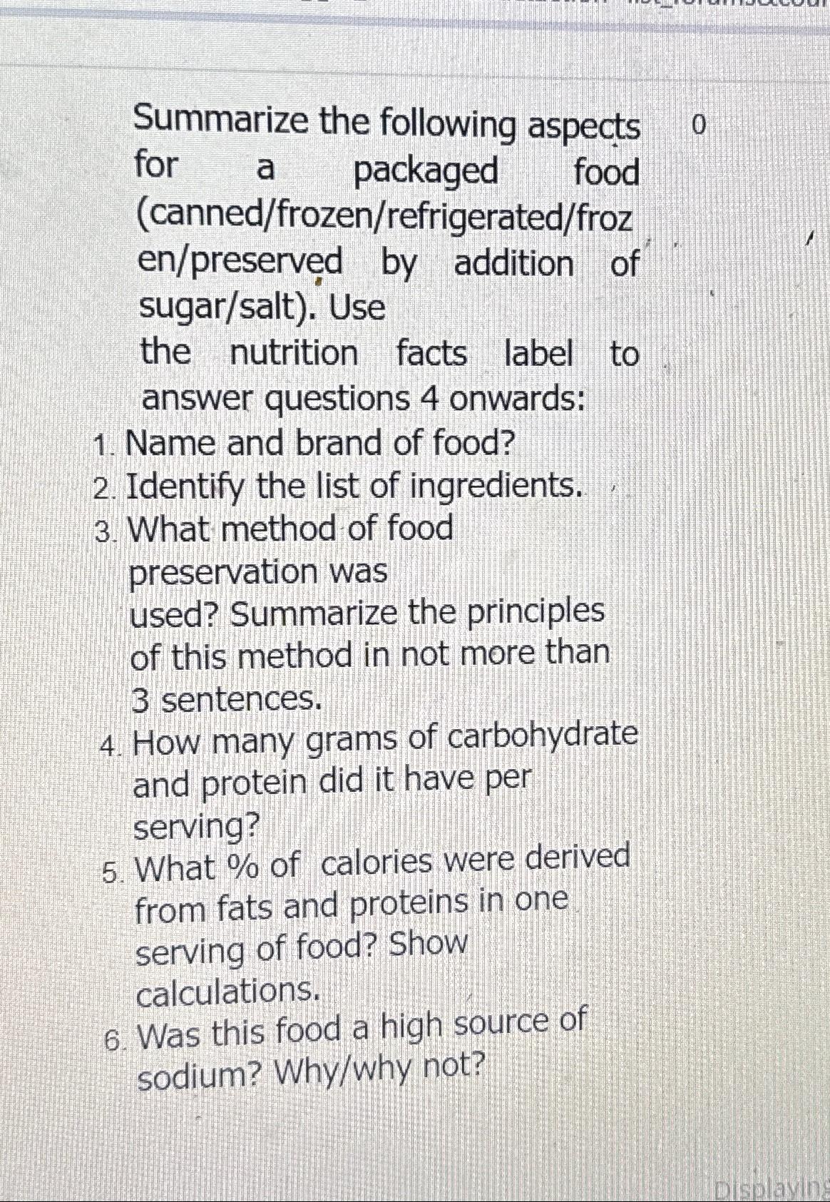 Solved Summarize the following aspects for a packaged food | Chegg.com