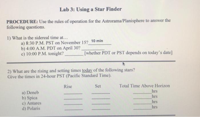 Lab 3: Using a Star Finder PROCEDURE: Use the rules | Chegg.com