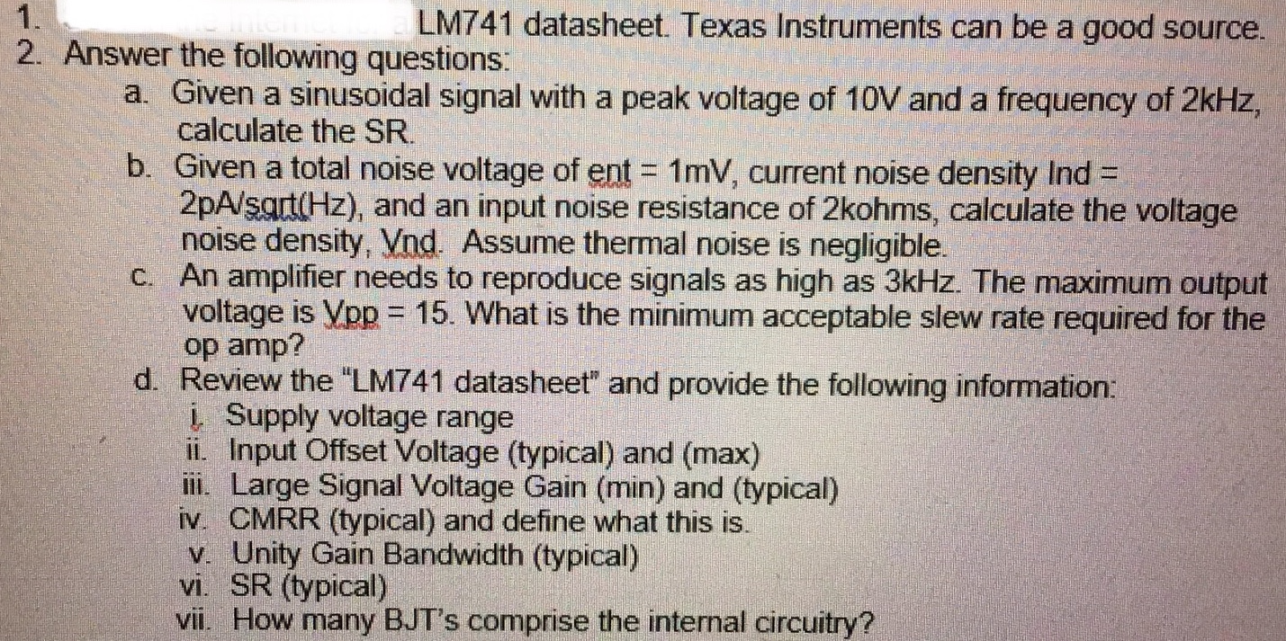 1. ﻿LM741 ﻿datasheet. Texas Instruments can be a good | Chegg.com