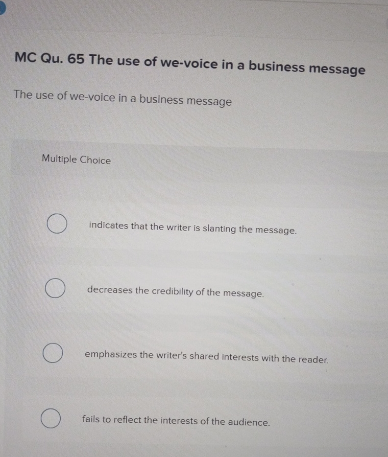 Solved MC Qu. 65 ﻿The use of we-voice in a business | Chegg.com