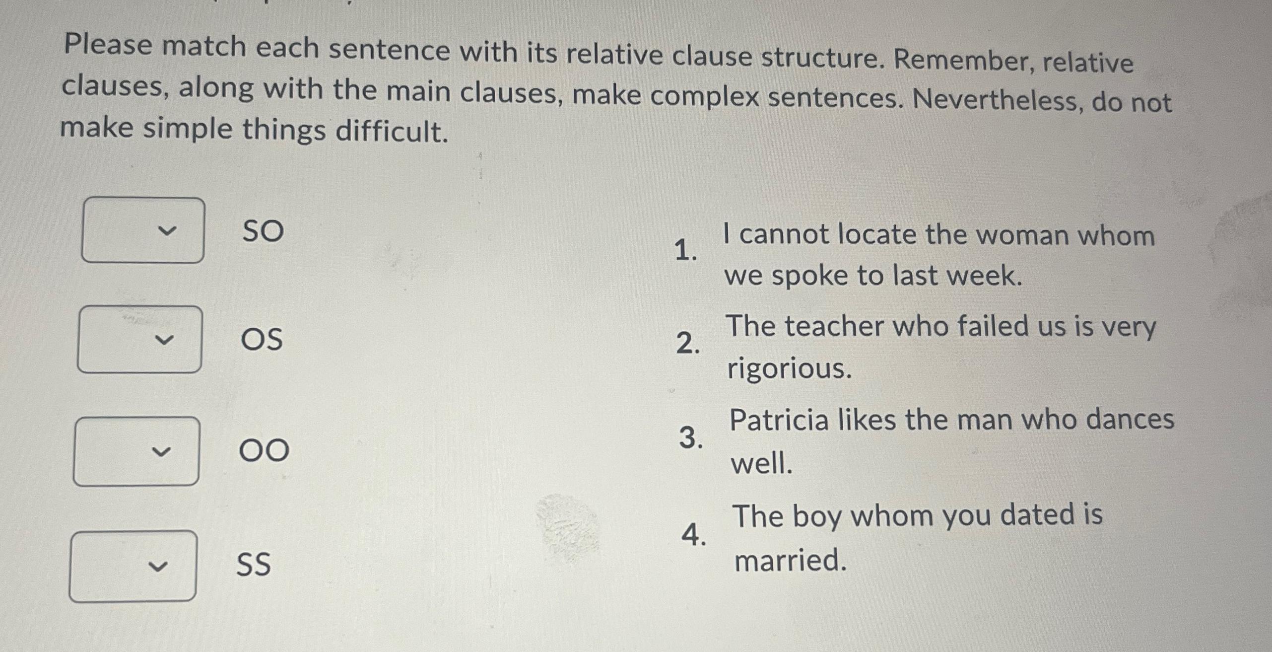 Please match each sentence with its relative clause | Chegg.com