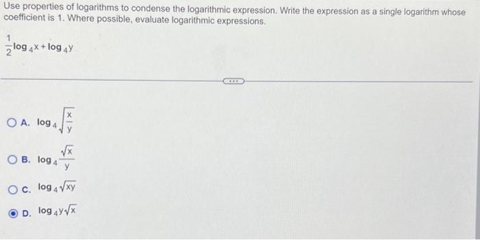 Solved Use properties of logarithms to condense the | Chegg.com