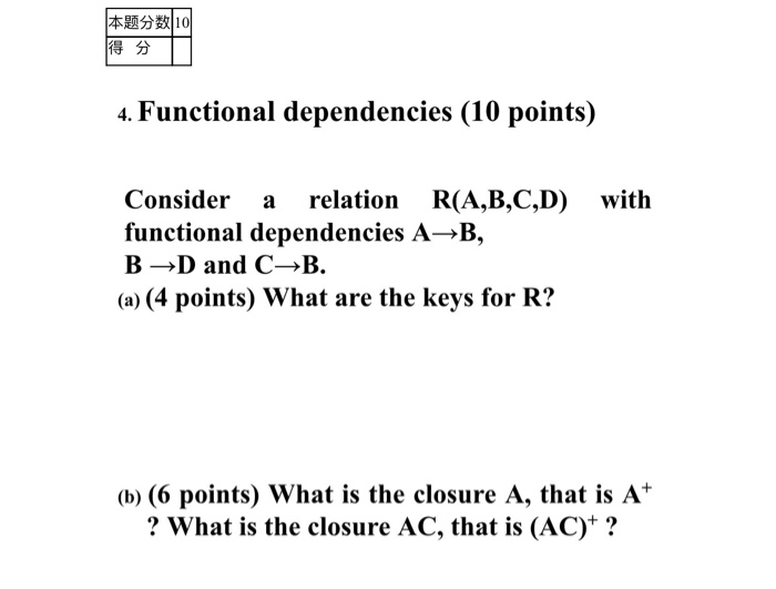 Solved # #1101 les 4. Functional dependencies (10 points) | Chegg.com