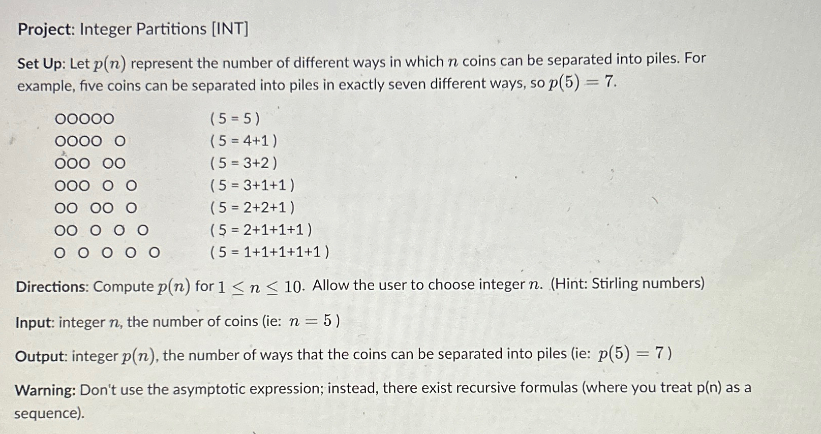 Solved Project Integer Partitions [int]set Up Let P N