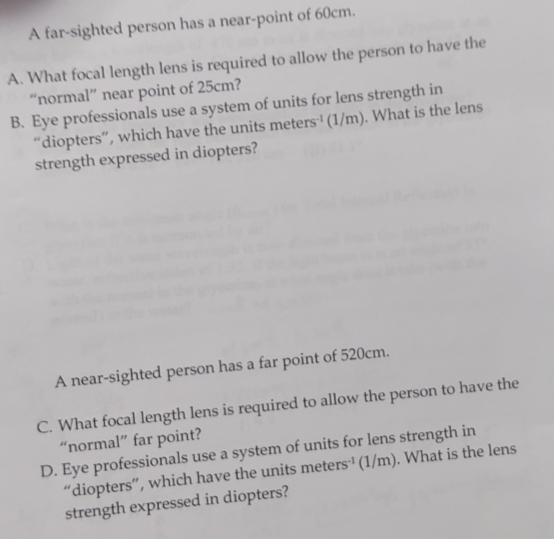 Solved A far-sighted person has a near-point of 60cm.A. | Chegg.com