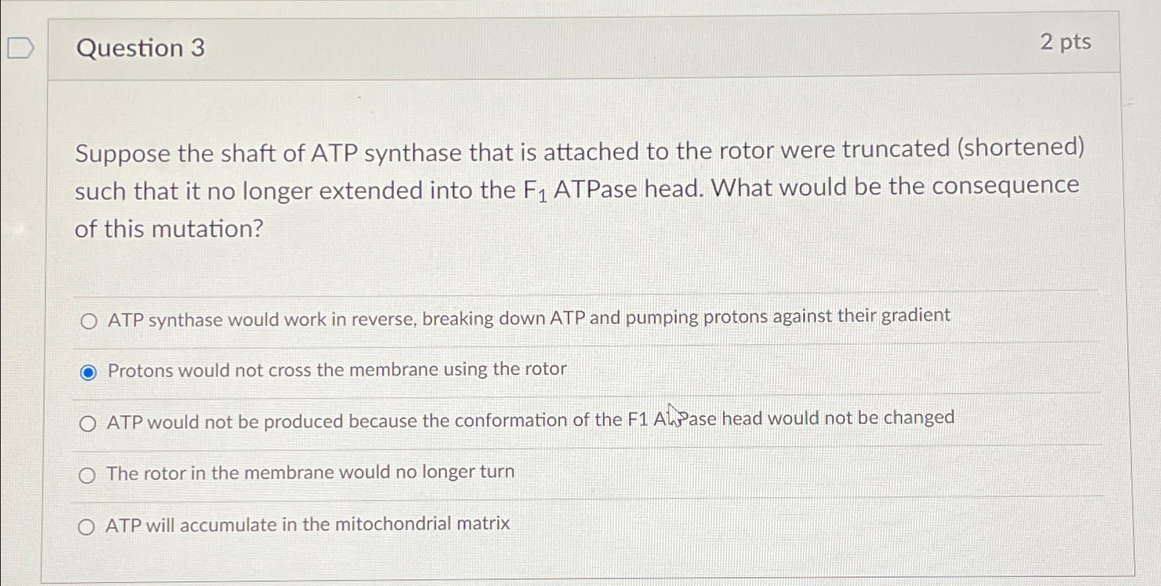 Solved Question 32ptsSuppose the shaft of ATP synthase that | Chegg.com