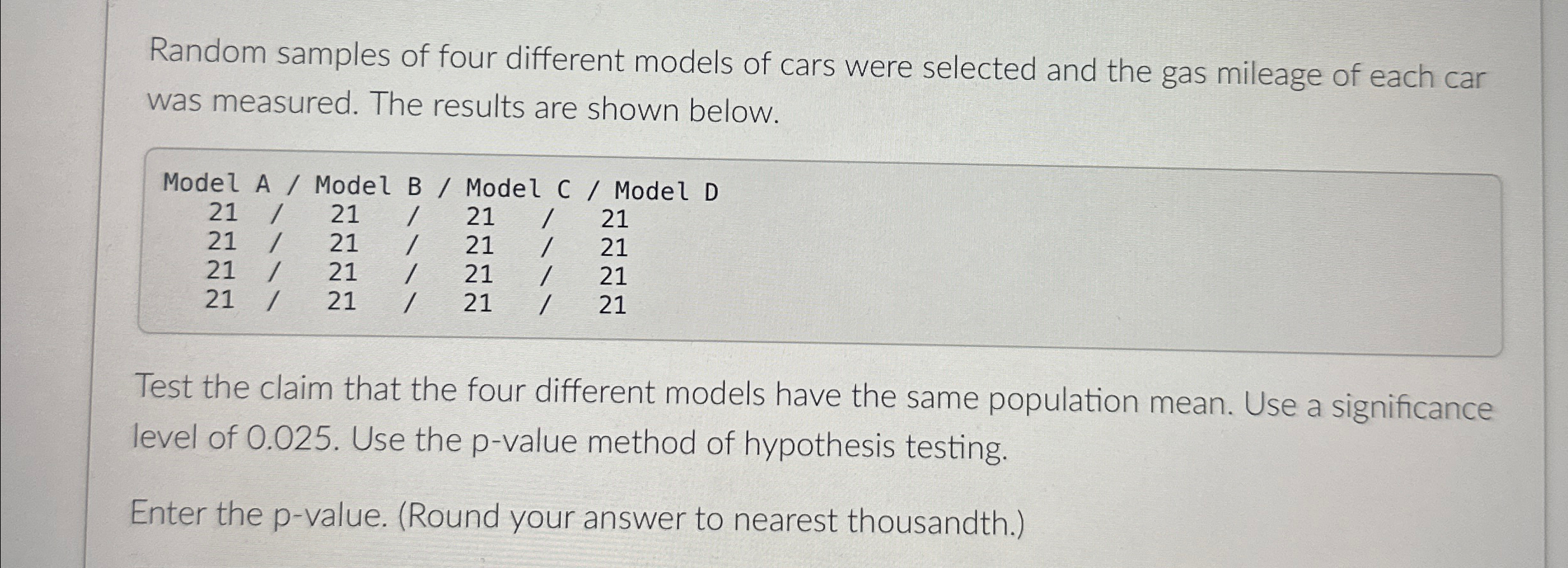 Solved Random samples of four different models of cars were | Chegg.com
