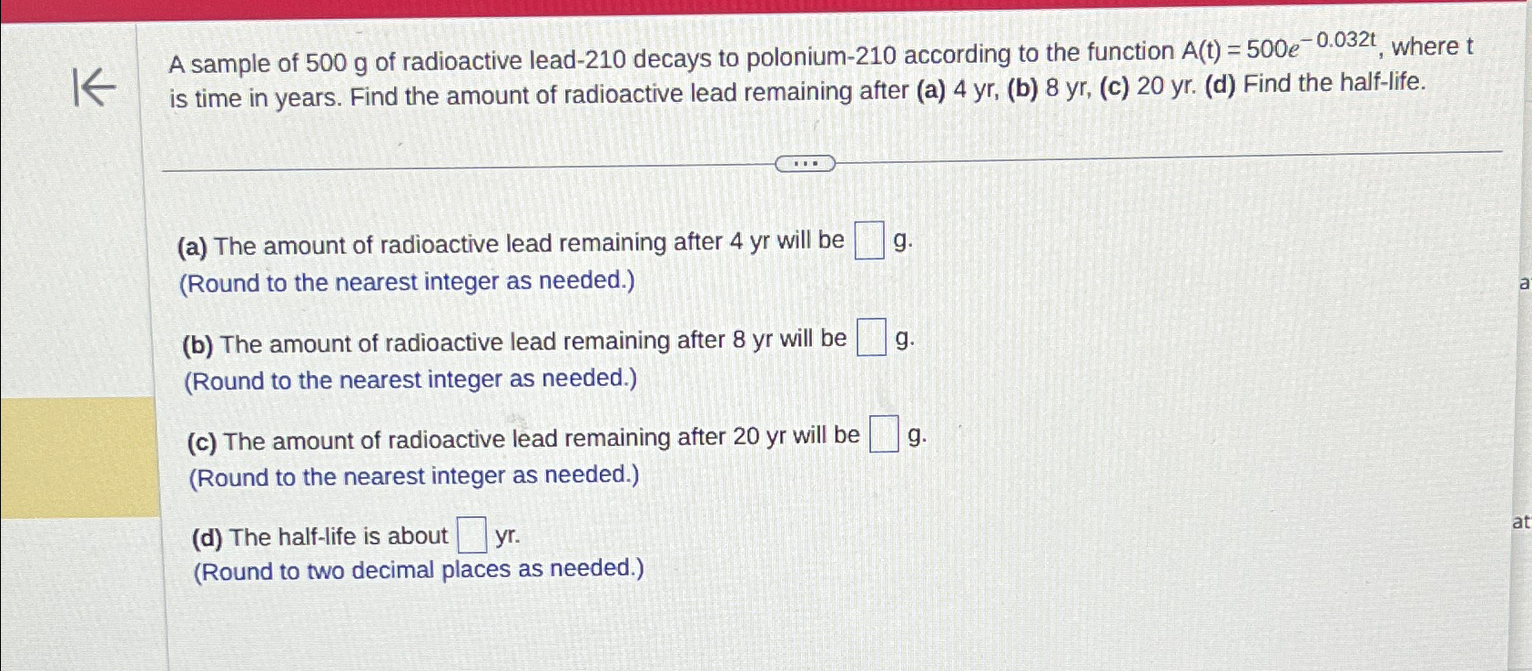 Solved A sample of 500g ﻿of radioactive lead-210 ﻿decays to | Chegg.com