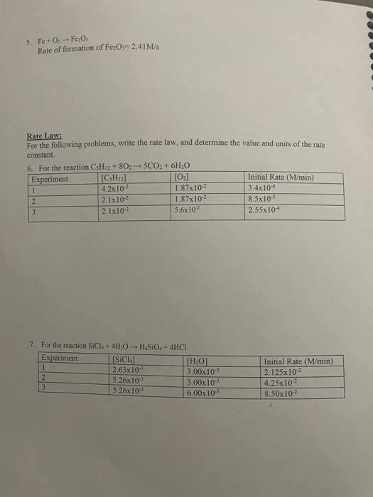 Solved 5. Fe+O2→FeO2 Rate of formation of Fe2O3=2.41M/s Rate | Chegg.com