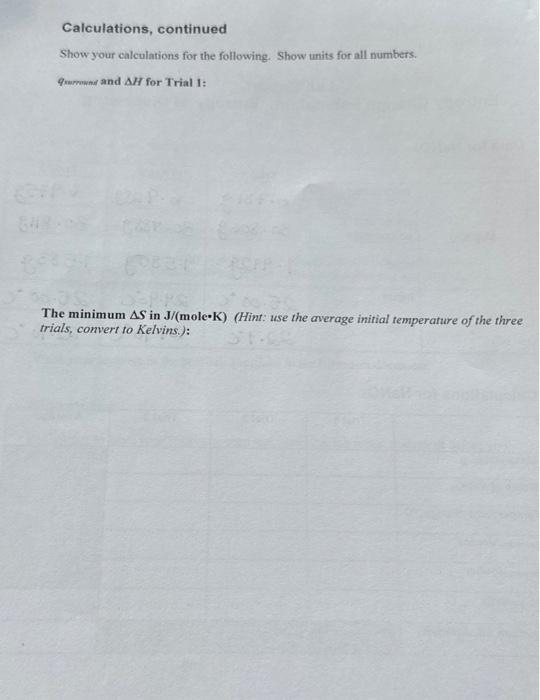 Calculations, continued Show your calculations for | Chegg.com