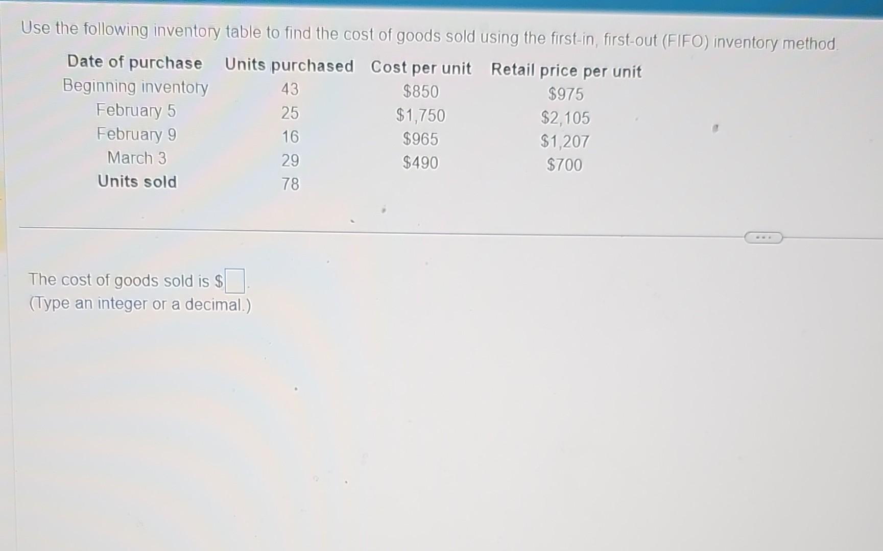 Solved Use the following inventory table to find the cost of | Chegg.com