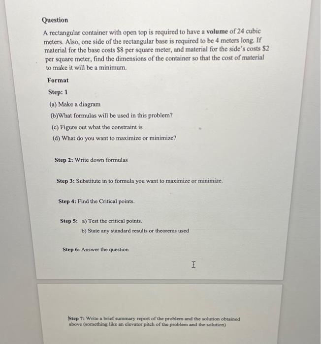 Solved Question A rectangular container with open top is | Chegg.com