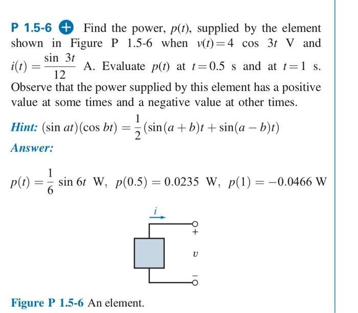Solved P 1.5-6 + Find the power, p(t), supplied by the | Chegg.com