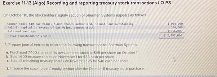 Solved Exercise 11-13 (Algo) Recording and reporting | Chegg.com