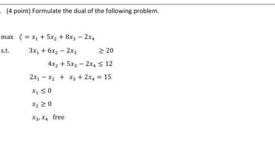 Solved (4 point) Formulate the dual of the following | Chegg.com