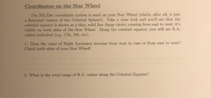 Solved Coordinates on the Star Wheel The RA/Dec coordinate | Chegg.com