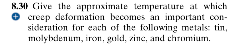 Solved 8.30 ﻿Give the approximate temperature at which creep | Chegg.com