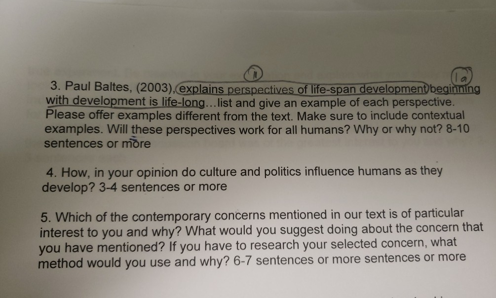 Solved 3. Paul Baltes, (2003), explains perspectives of | Chegg.com