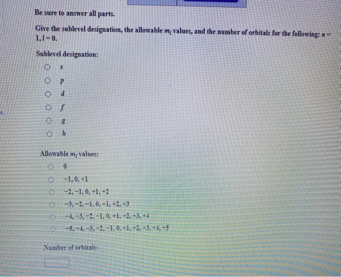 Solved Be sure to answer all parts. Give the sublevel | Chegg.com