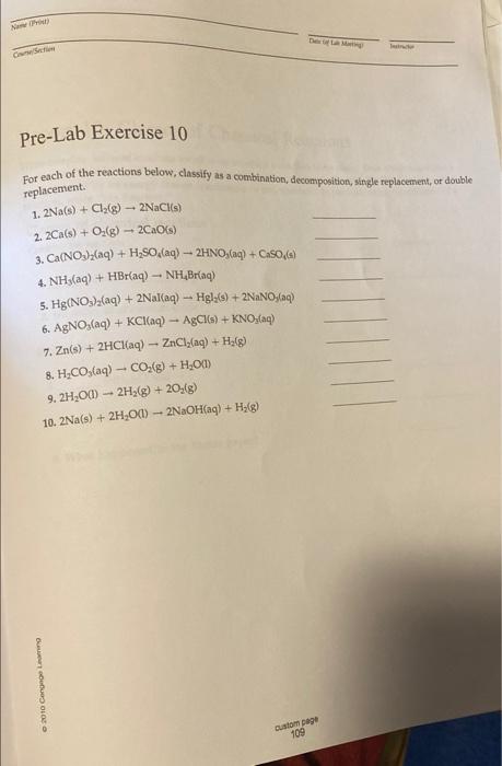 Solved CS Pre-Lab Exercise 10 For each of the reactions | Chegg.com