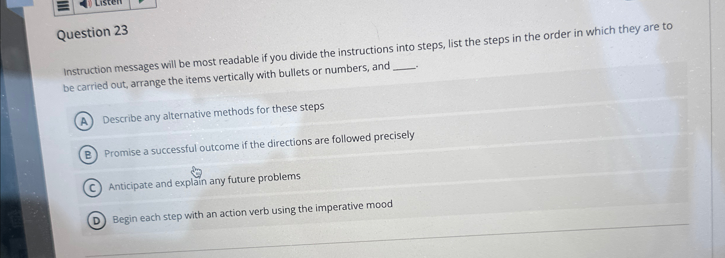 Solved Question 23Instruction messages will be most readable | Chegg.com