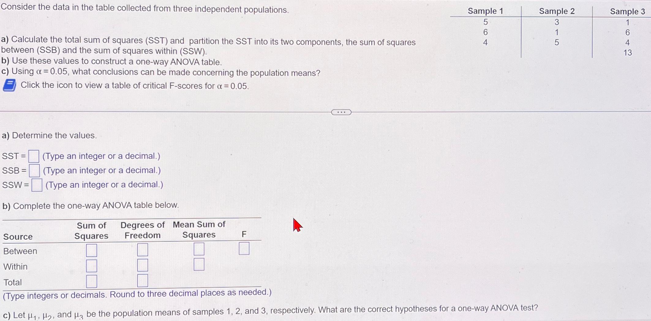 Solved Consider the data in the table collected from three | Chegg.com