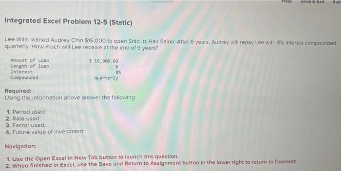 [Solved]: Integrated Excel Problem ( 12-5 ) (Static) Lee