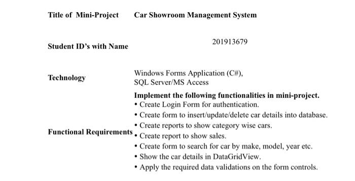 Solved Title of Mini-Project Student ID's with Name Car | Chegg.com