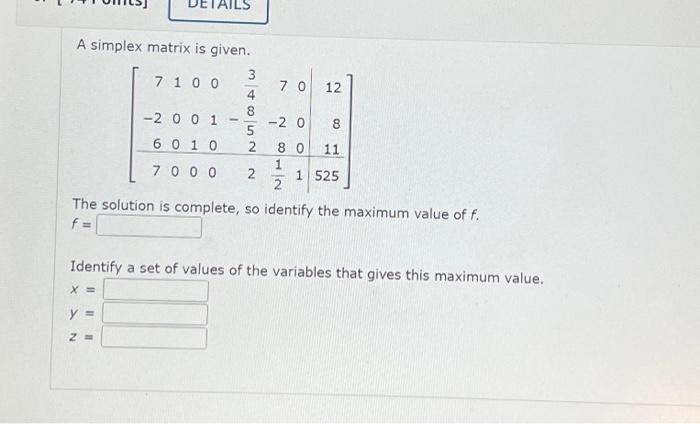 Solved A simplex matrix is given. | Chegg.com