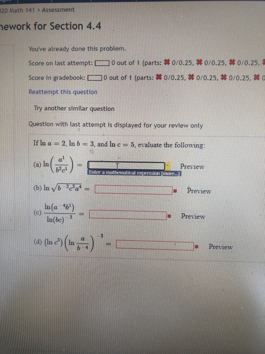Solved 20 Math 141 > Assessment mework for Section 4.4 | Chegg.com