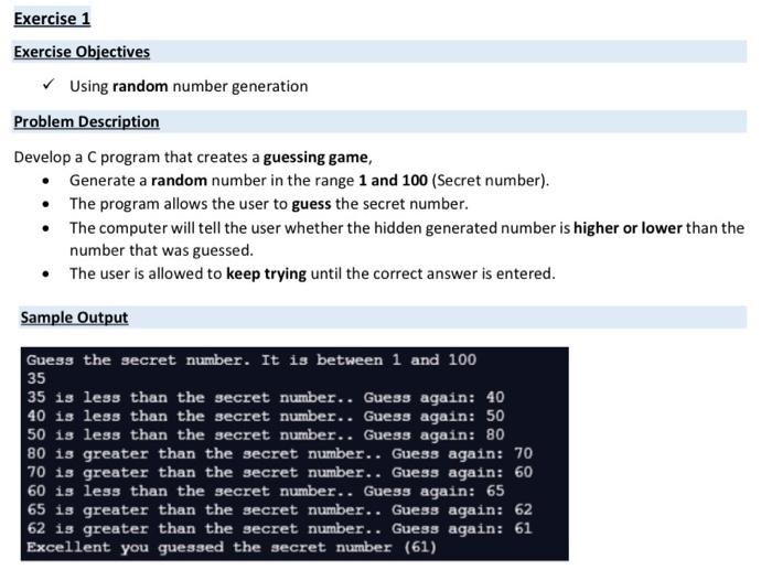 Solved Exercise 1 Exercise Objectives Using random number | Chegg.com