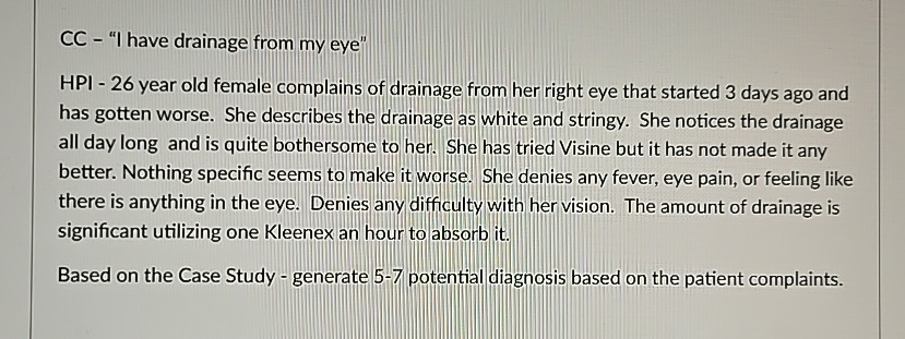 Solved CC - ﻿"I have drainage from my eye"HPI - 26 ﻿year old | Chegg.com