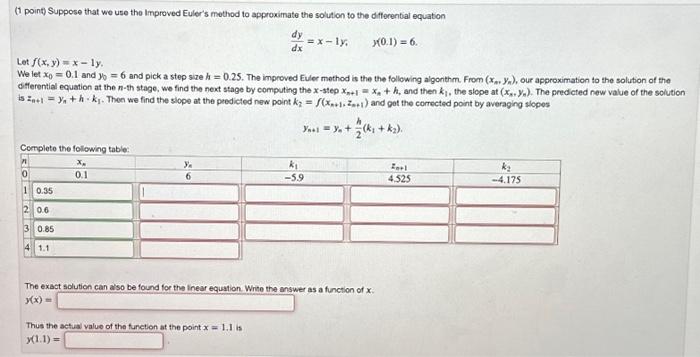 Solved (1 point) Suppose that we use the Improved Euler's | Chegg.com