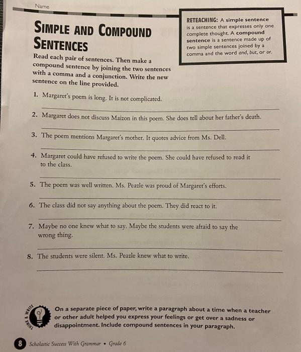 Simple and Compound RETEACHING: A simple sentence is | Chegg.com