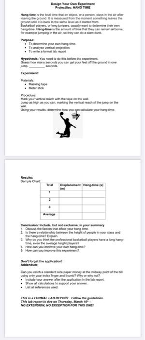 Design Your Own Experiment Projectiles: HANG TIME | Chegg.com