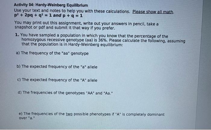 Solved Activity 04: Hardy-Weinberg Equilibrium Use your text | Chegg.com