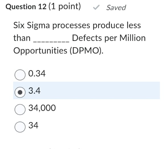 Solved Question 12 (1 point) SavedSix Sigma processes | Chegg.com Solved Question 12 (1 point) SavedSix Sigma processes | Chegg.com