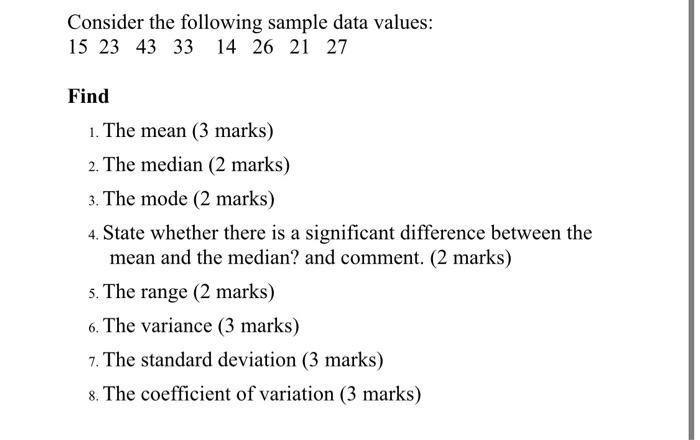 Solved Consider the following sample data values: 15 23 43 | Chegg.com