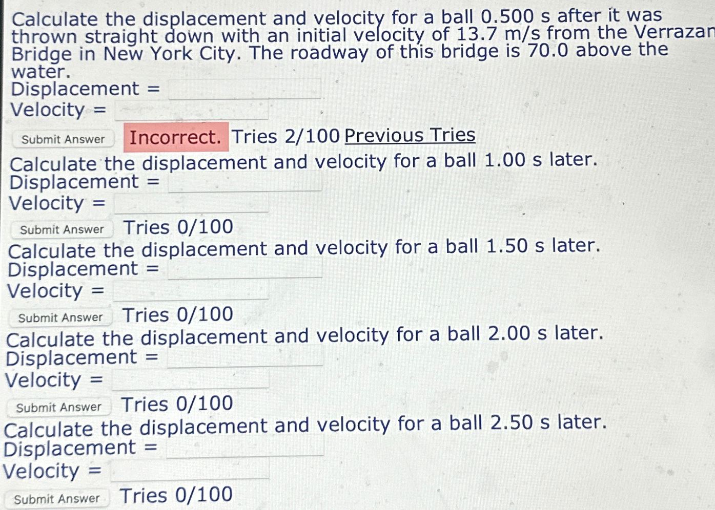Solved Calculate the displacement and velocity for a ball | Chegg.com